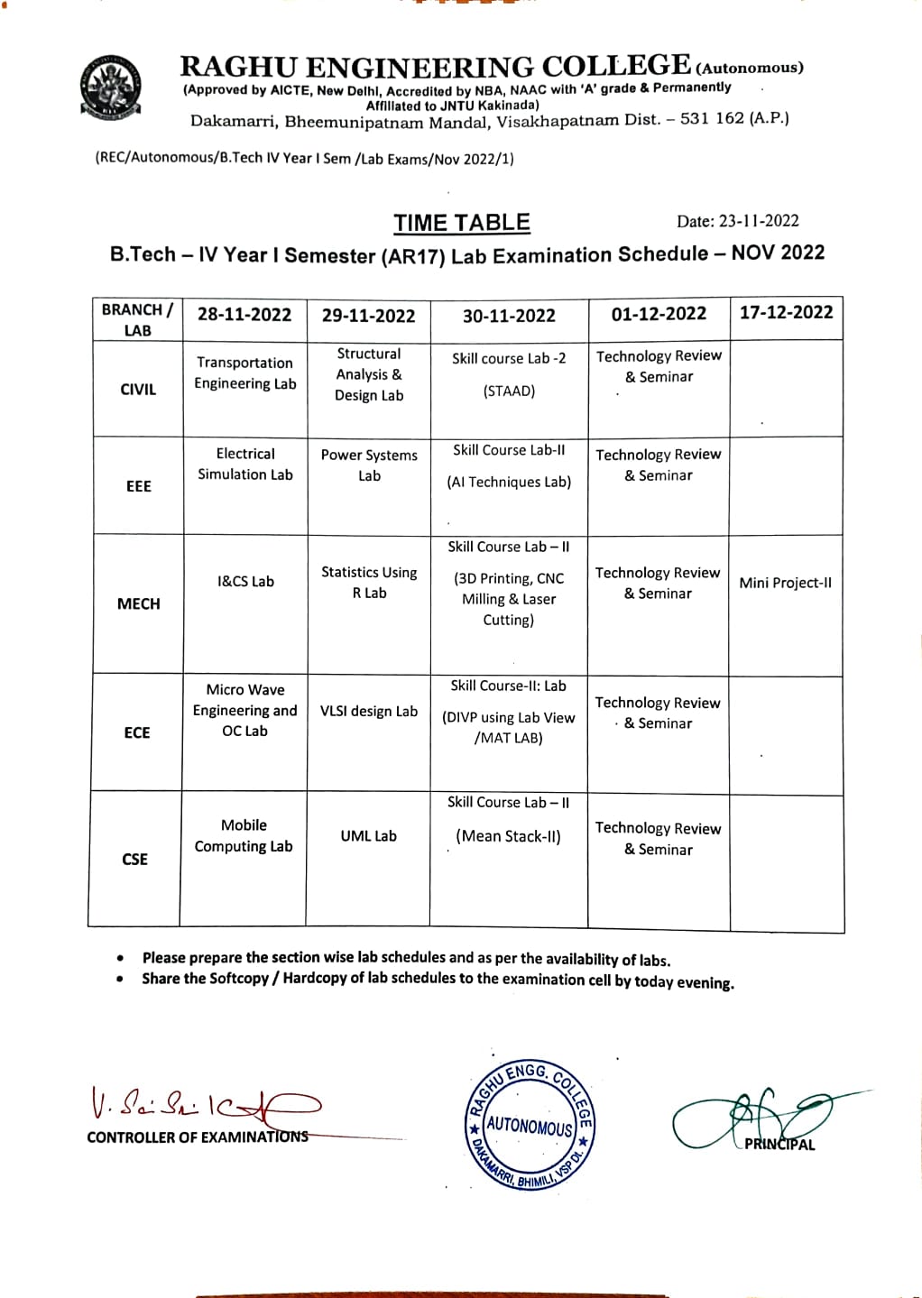 Exam Time Tables - Raghu Engineering College - Autonomous | Vishakhapatnam