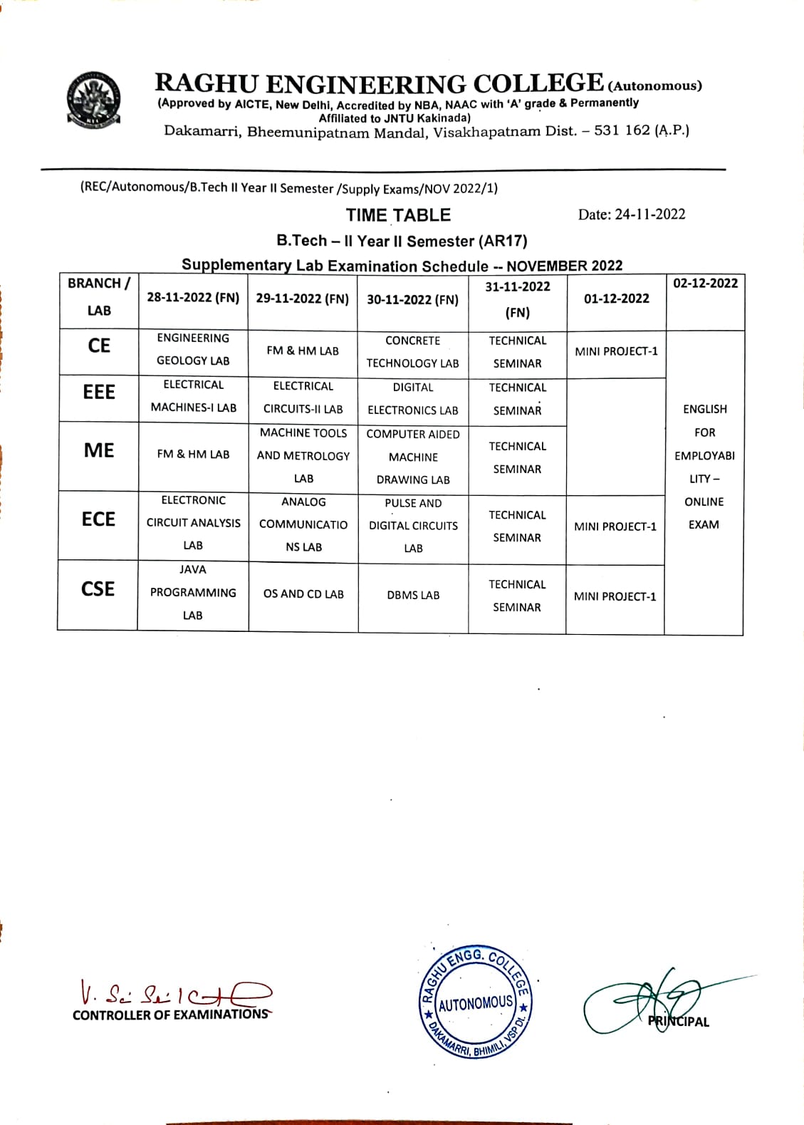 Exam Time Tables - Raghu Engineering College - Autonomous | Vishakhapatnam