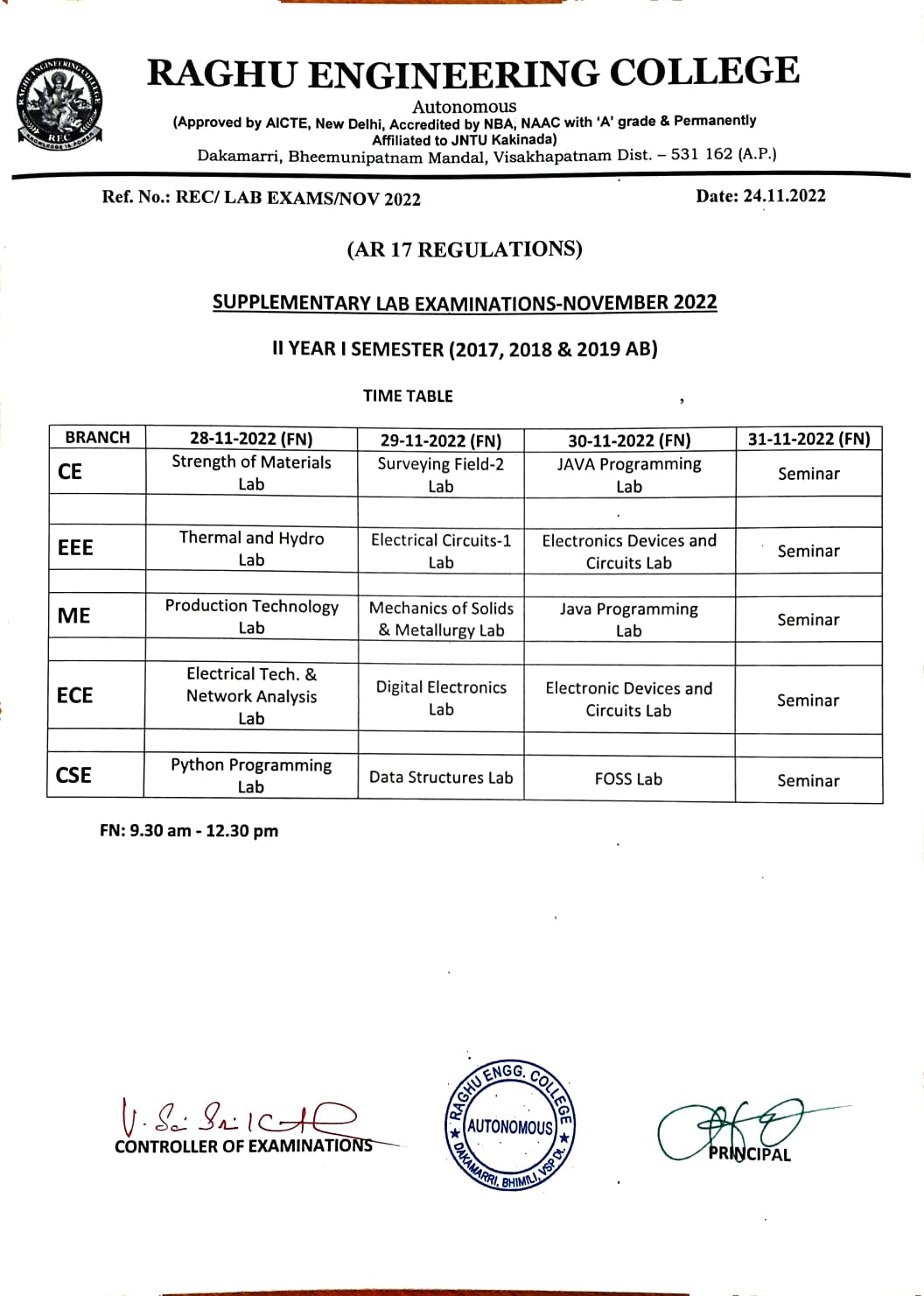 Exam Time Tables - Raghu Engineering College - Autonomous | Vishakhapatnam